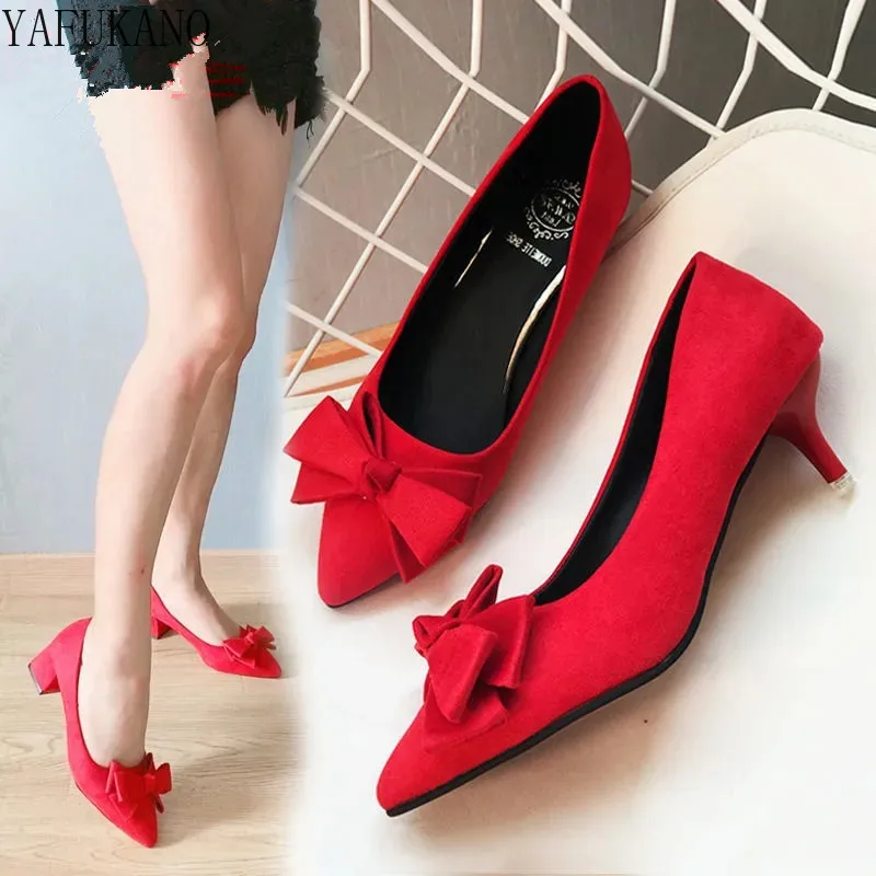 Red Bridal Wedding Shoes Bowknot Thick Heel Single Shoes Women Mid-heel ...