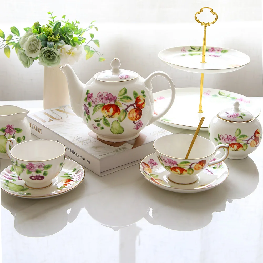 Tea Cup Set Bone China Tea Set Coffee Cup Saucer Set Creamer Sugar Bowl Fruit Plate Teaware Set ...