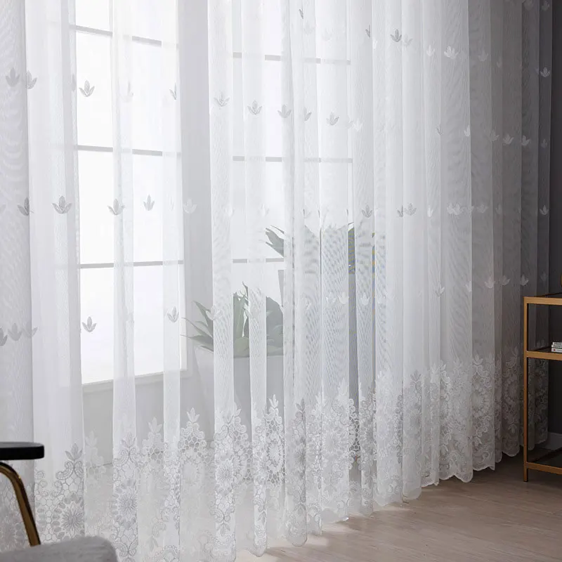 Embroidered Floral White Tulle Window Screen Curtain for Living Room ...