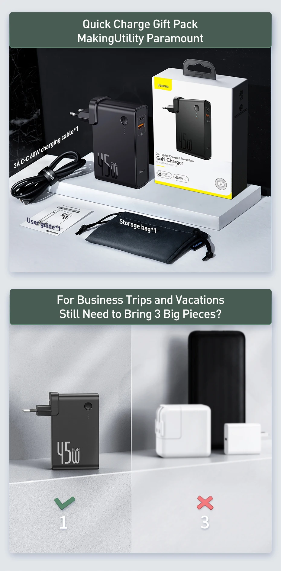 Baseus 45W 2 in 1 GaN PD Quick Charger & 10000mAh Power Bank