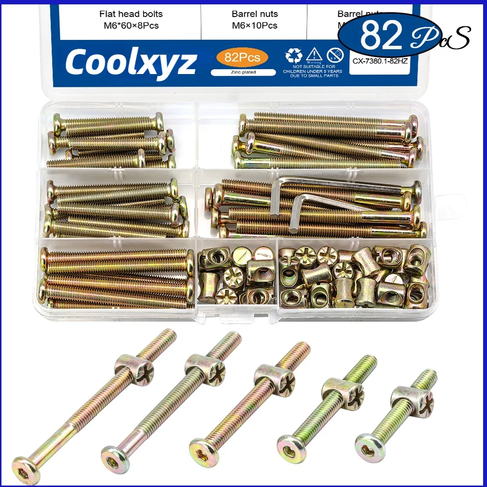 82pcs-set-hex-socket-flat-head-furniture-screws-barrel-nuts-M6-zinc ...
