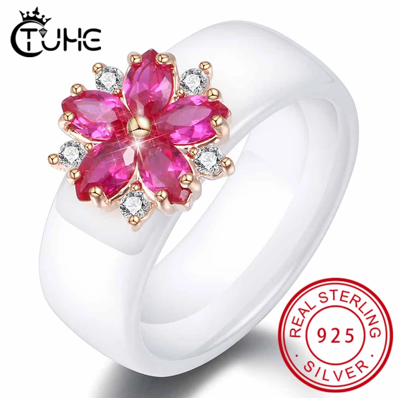 Shiny Big Red Stone Women Ring Red Crystal Flower Statement Rings For ...