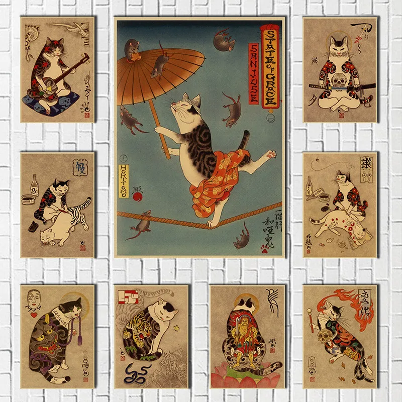 Japan-Samurai-cat-cat-tattoo-kraft-poster-retro-art-wall-art-living ...