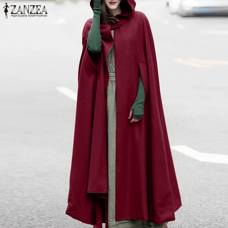 Stylish Long Cape Cloak Zanzea Women Hooded Wool Blend Cloak Coat ...