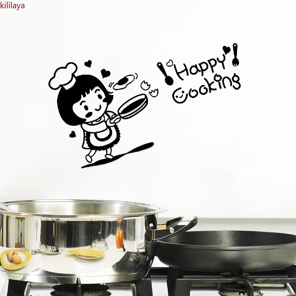 Kililaya Kitchen Wall Sticker Girl Happy Cooking Wall Decals Kitchen ...