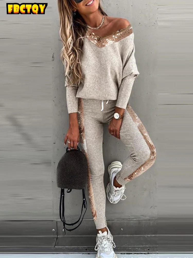 Wholesale of new women's V neck bead splicing set jogging suits for ...