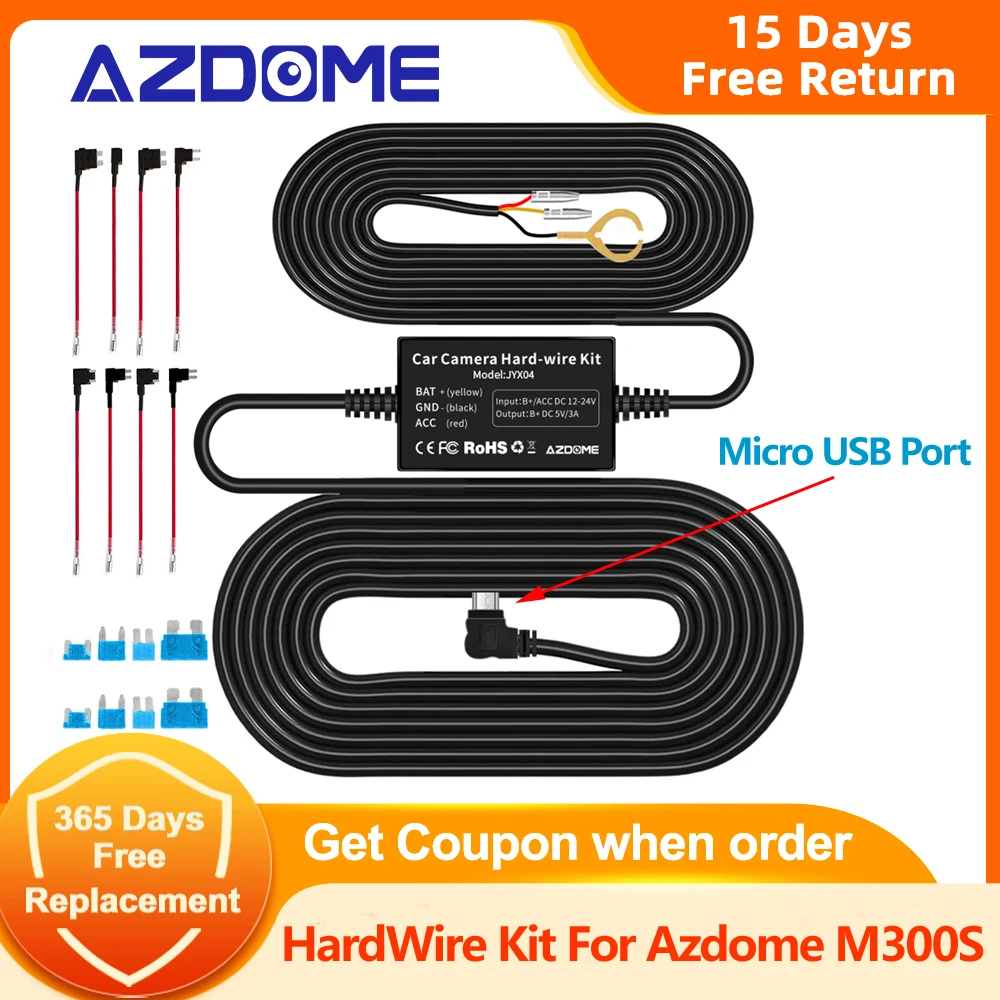 Azdome Kit de cable duro DVR para coche, protección de bajo volumen ...