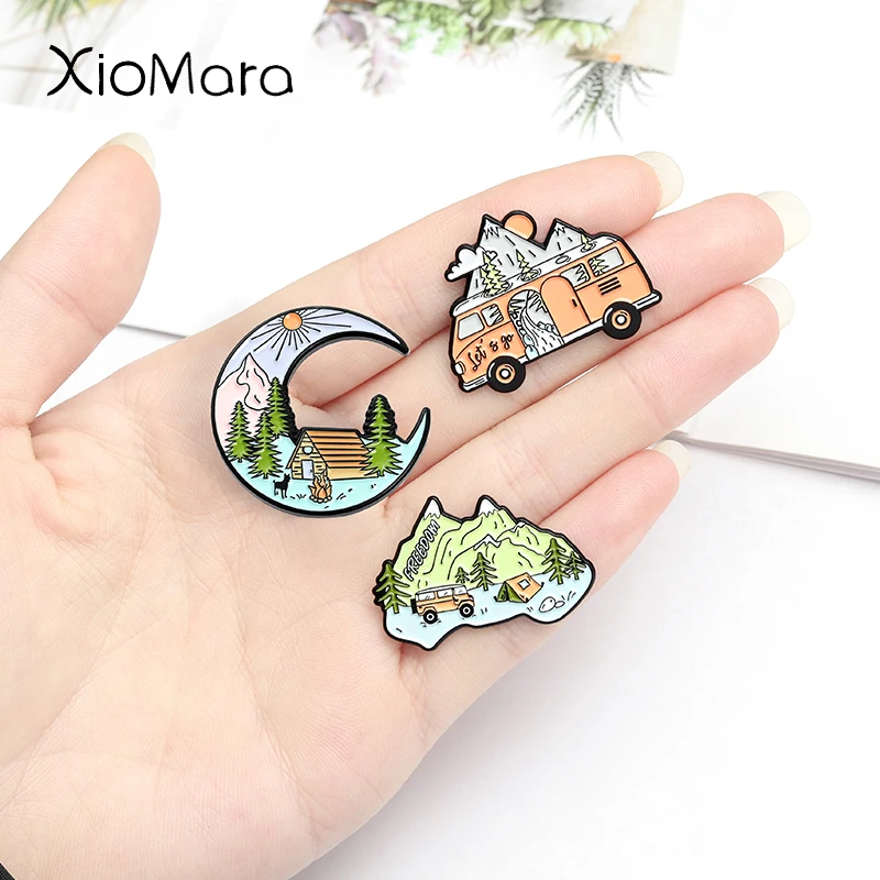 Camping Nature Hiking Enamel Pin Camping Travel Lapel pins Bus Mountain ...