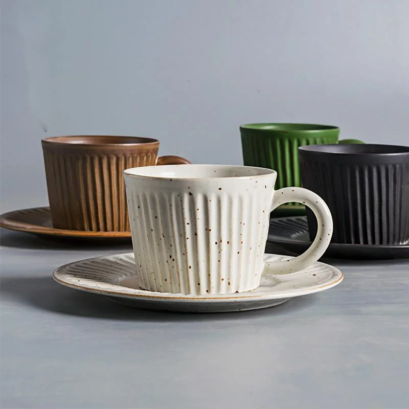 Retro Ceramic Coffee Cup And Saucer Set 150ml Japanese Vertical Grained ...