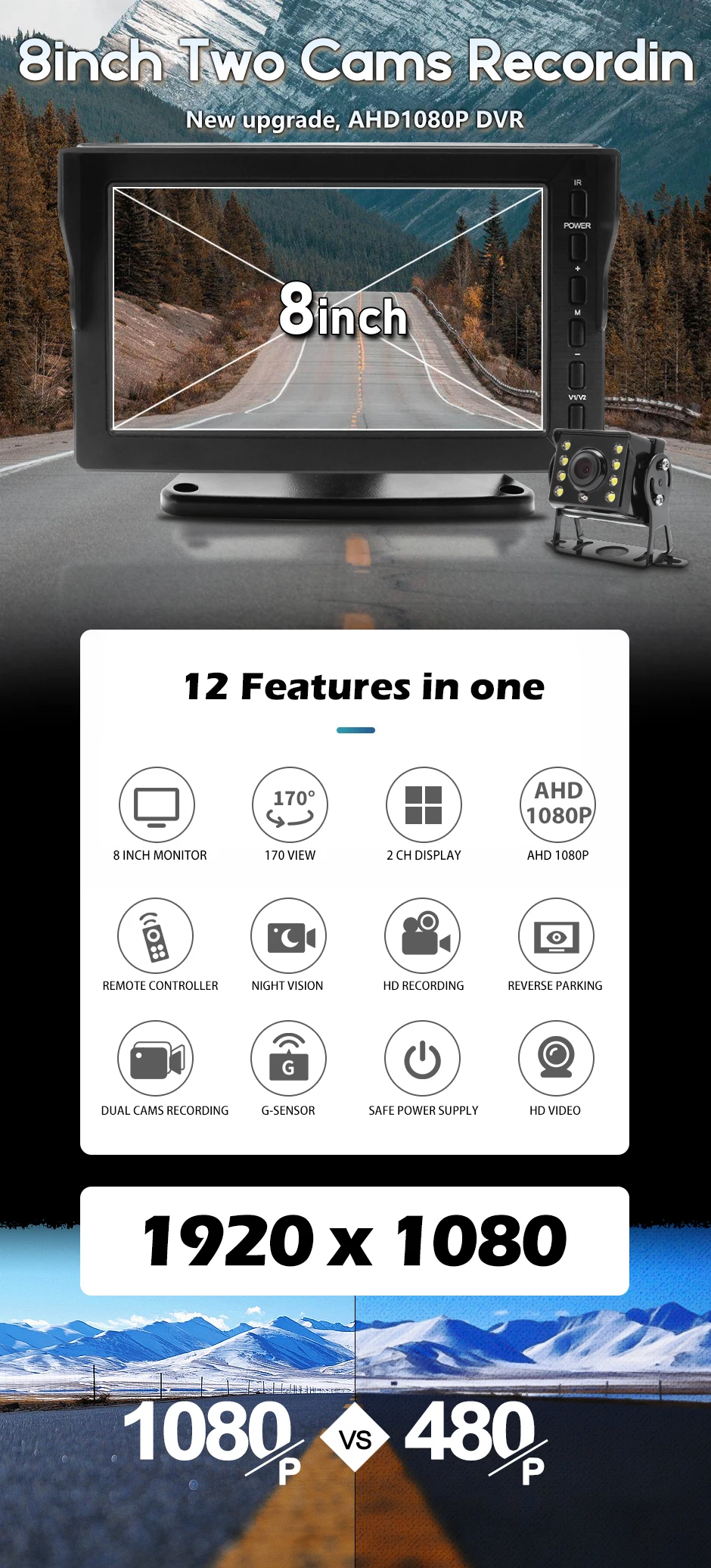 8" AHD 1080P IPS DVR Parking Monitor with 2-Channel Front/Rear View IR ...