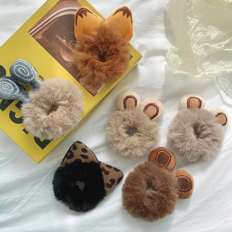 어린이 귀여운 부드러운 가짜 모피 곰 달팽이 여우 귀 탄성 헤어 밴드 여아용 러블리 스 크런치 고무 밴드 어린이 헤어