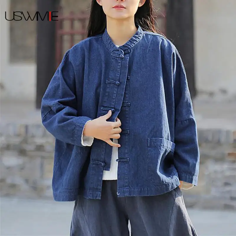 2020-New-Autumn-Womens-Retro-Style-Denim-Jackets-Chinese-Button-Single ...