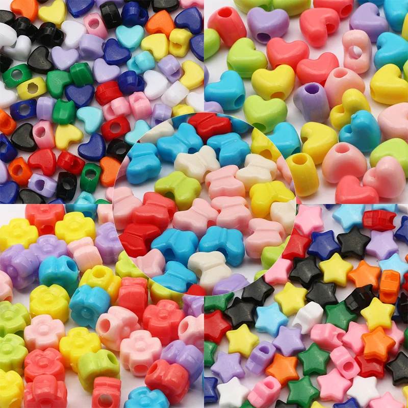 50pcs Mix Color Big Hole Plastic Acrylic Beads Butterfly Star Heart