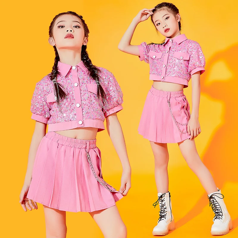 Children Pink Sequin Kpop Outfits For Girls Jazz Dance Cheerleader ...