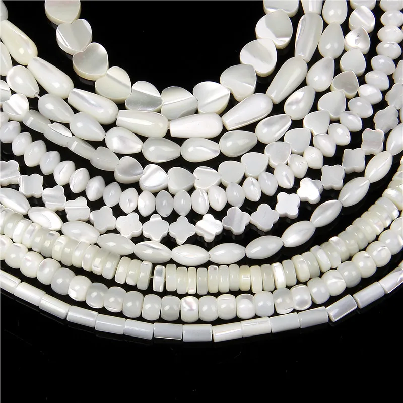 Natural White Mother of Pearl Shell Beads Rondelle Heart Oval Round ...