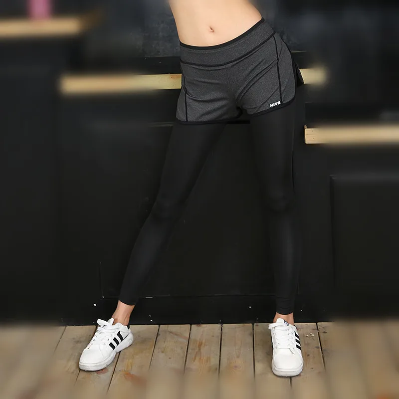 스포츠 여성 휘트니스 러닝 요가 바지 스포츠 얇은 가짜 두 조각 체육관 여성 스키니 바지 롱 팬츠 운동 레깅스요가 바지