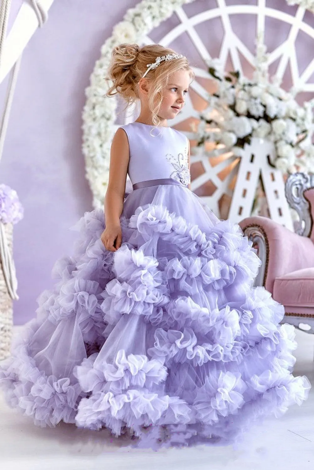 Lanvender Beaded Flower Girl Dresses For Wedding A Line Tiered Backless ...