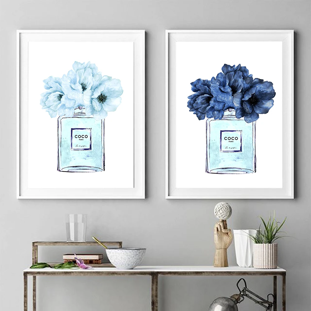 Fashion-Coco-Quotes-Poster-Print-Blue-Flower-Perfume-Wall-Art-Canvas ...
