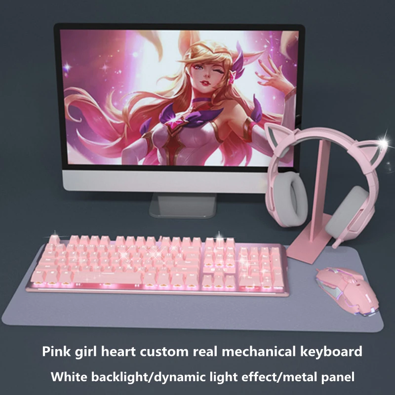 Новая розовая игровая Механическая Проводная клавиатура для девочек ...