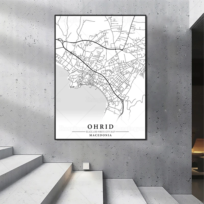 Black and White City Map Macedonia The Ohrid City Map Poster HD Print ...