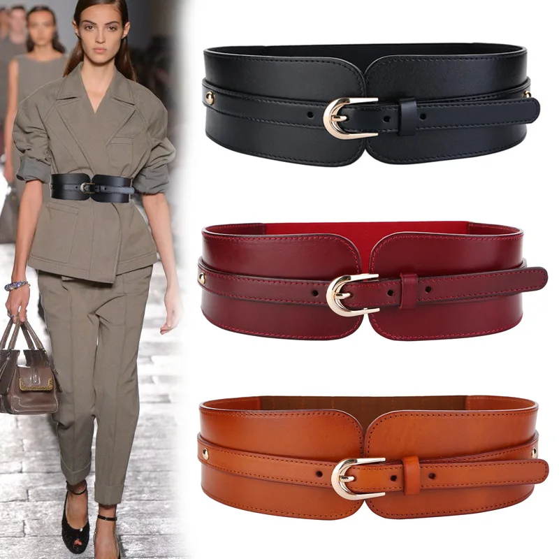Women Black Wide Belt Elastic Gold Pin Buckle Leather Belts For Female ...