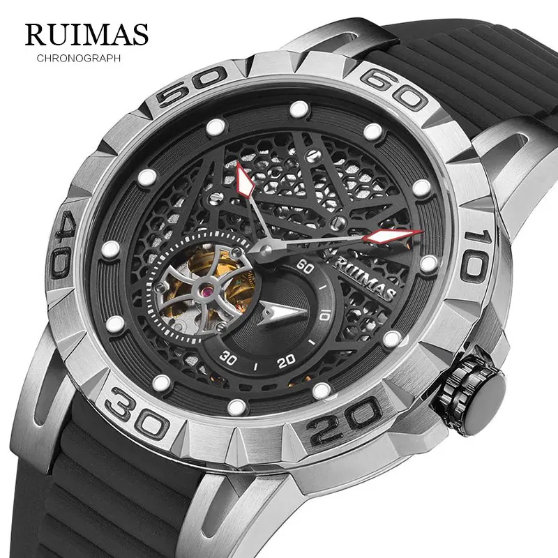 RUIMAS New Punk Men Automatic Machines Watch Stainless Steel Tourbillon ...