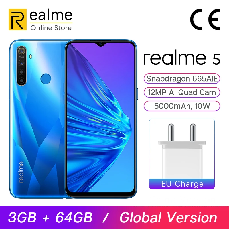 Глобальная версия realme 5 3GB 64GB 6,5 ''мобильный телефон Snapdragon 665 12MP Quad Cam ...