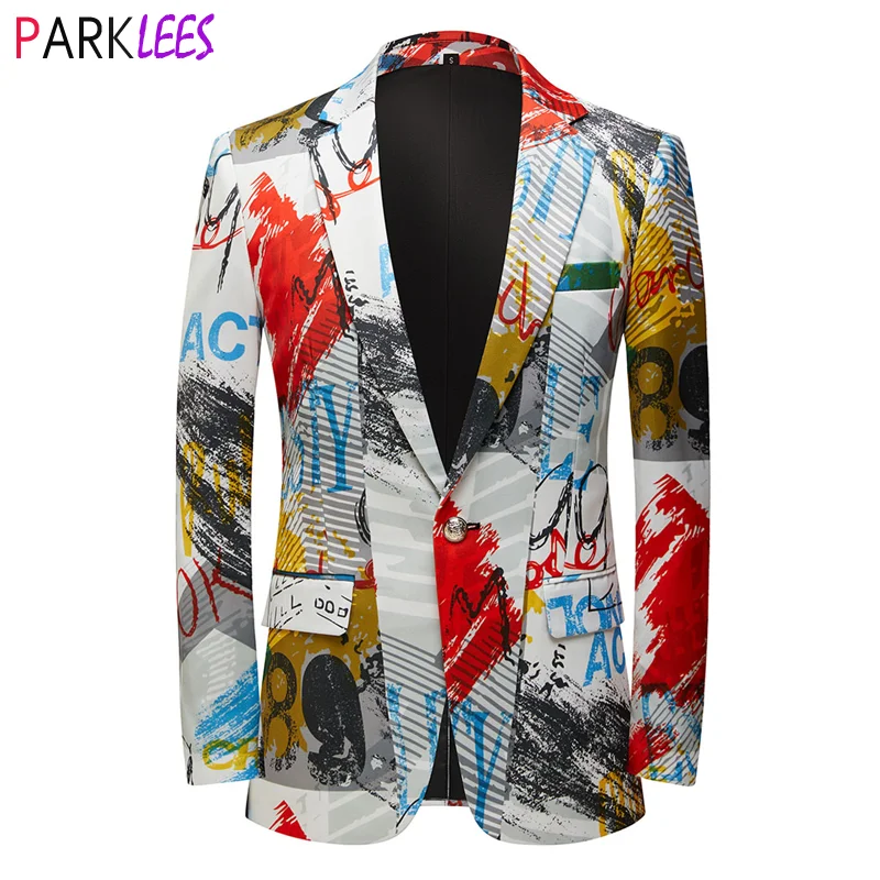Stylish-Graffiti-Printed-Party-Blazer-for-Men-One-Button-Slim-Fit ...