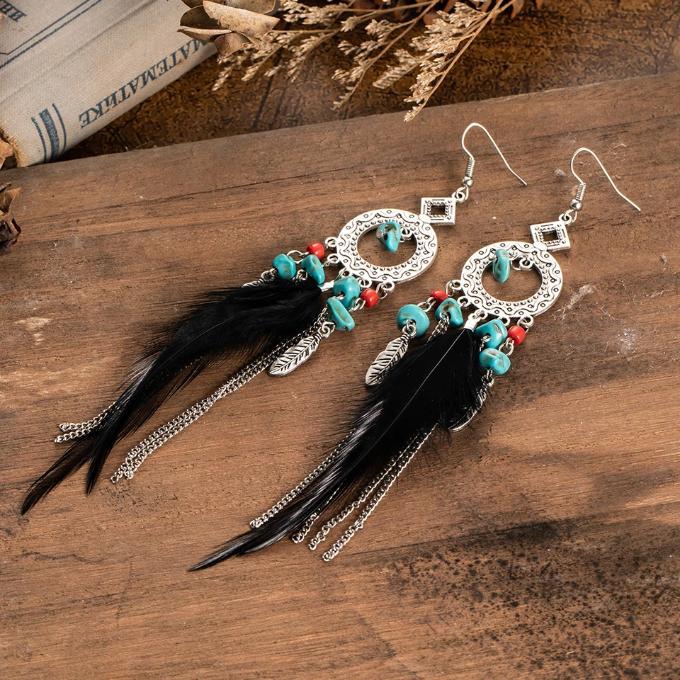 Charming Elegant Ehnic Bohemian Black Feather Earrings Long Pendant Ear ...
