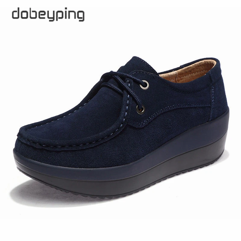 Zapatos de plataforma plana de ante de vaca para mujer, mocasines de suela gruesa con cordones ...