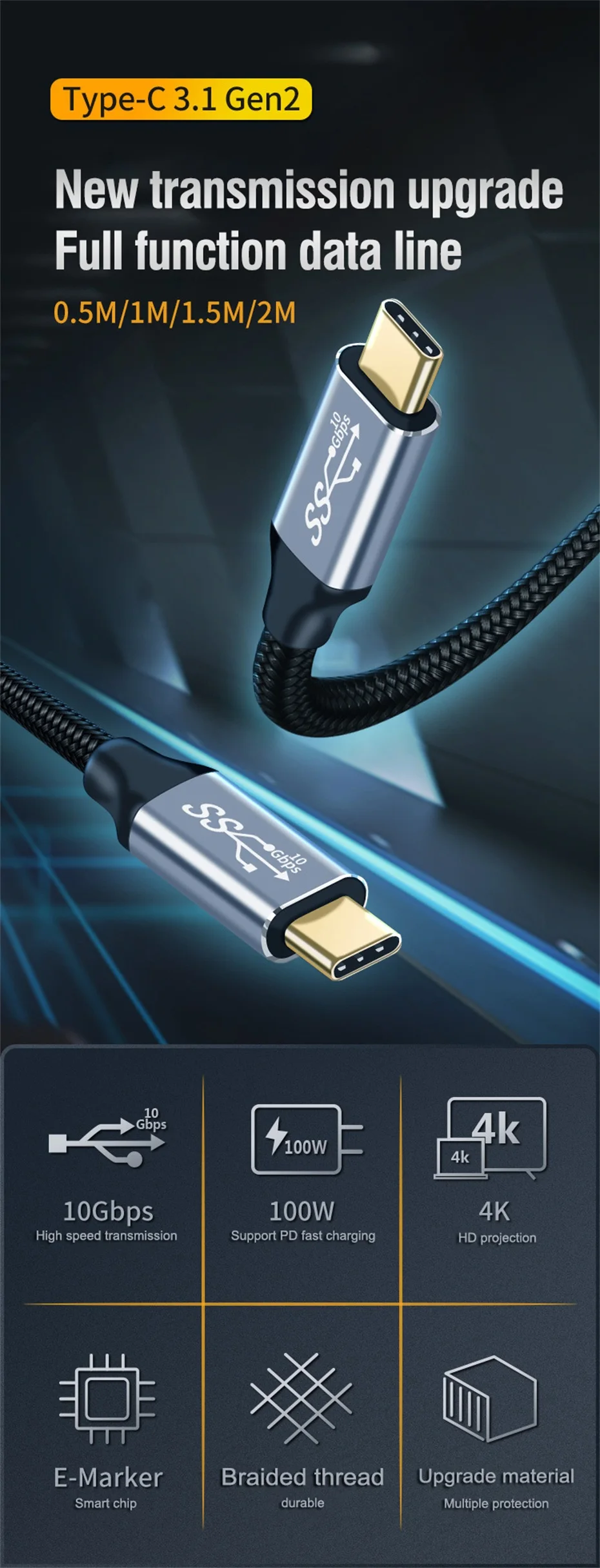 CABLE TELEPHONE,100W 10Gbps-0.5m--Câble USB 3.1 Gen2 10Gbps Thunderbolt ...