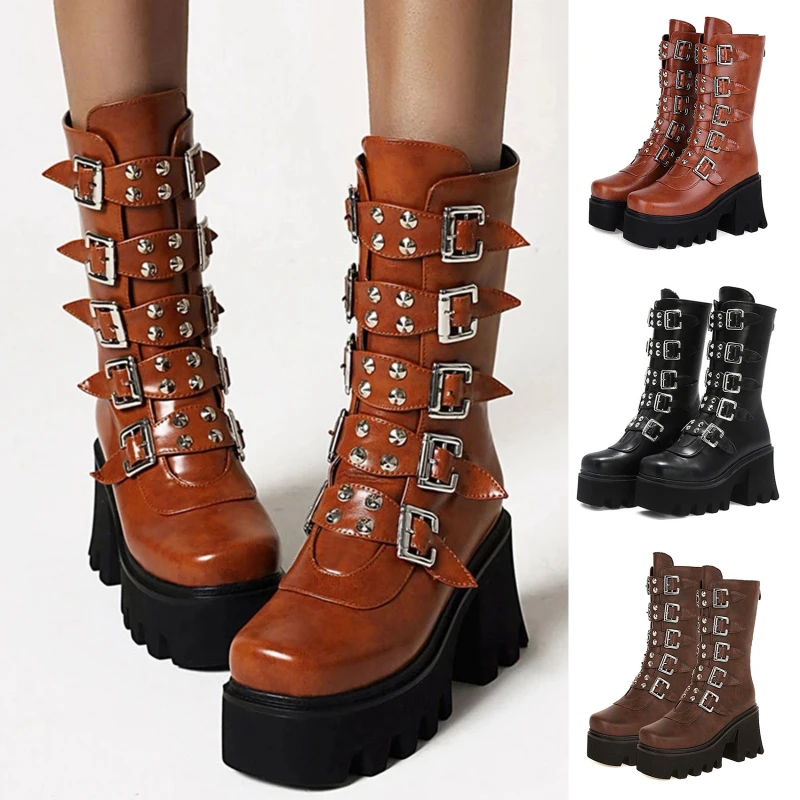 Botas de plataforma gótica Punk para mujer, zapatos de cuña con correa ...