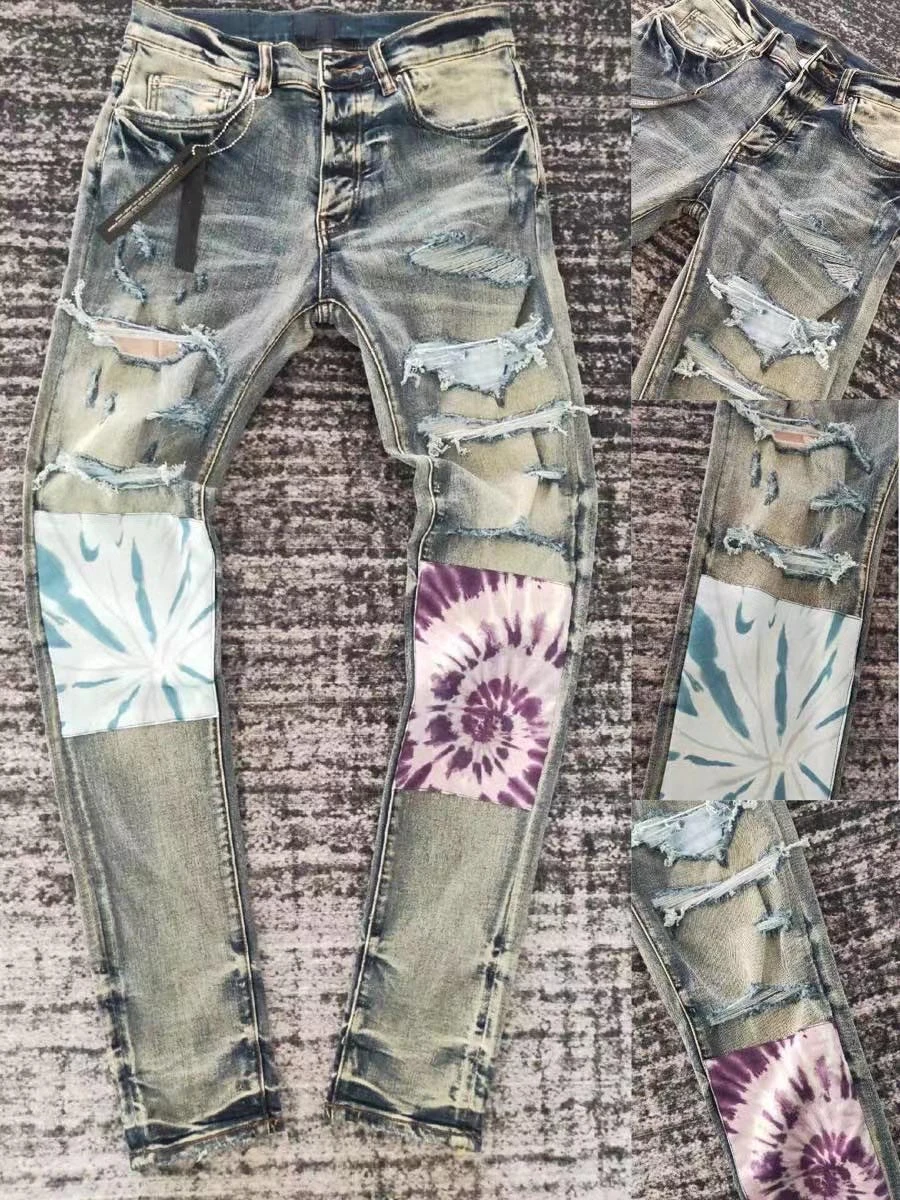 DISCOUNTED men tie dye patches distressed jeans HM338|Jeans| - AliExpress