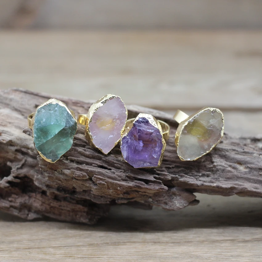 Raw Stone Gold Color Adjustable Rings Natural Fluorite Crystal Amethysts Citrines Fashion Band ...