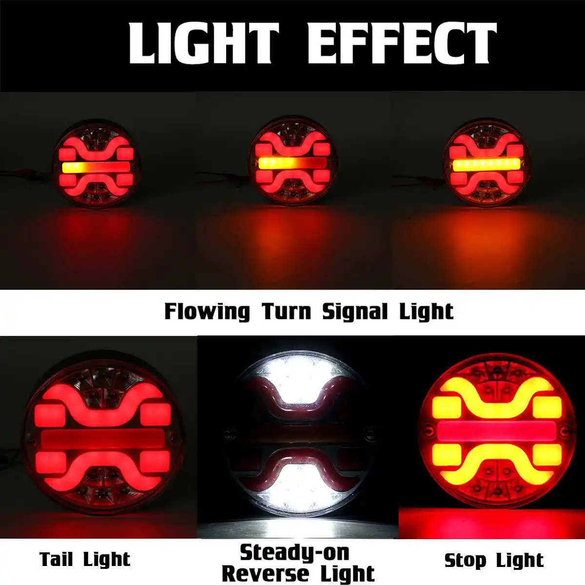 Round LED 5 Inch Truck Taillight 4in1 Dynamic Tail Trun Signal Reverse ...