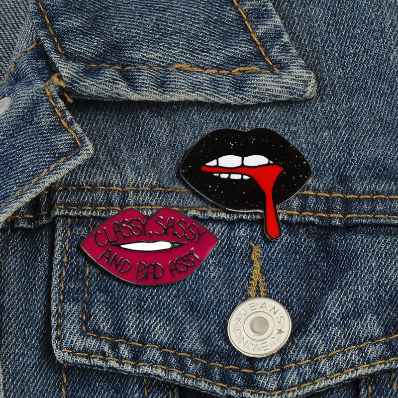 Black Red Lips Brooches Pins Cool Funny Biting Tongue Badge Women Men ...