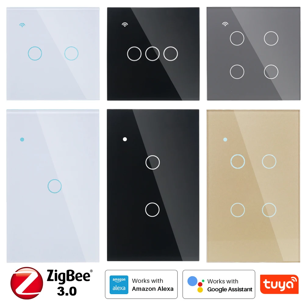 No Neutral ZIGBEE Touch Light Wall Switch EU/US White Glass Blue LED ...