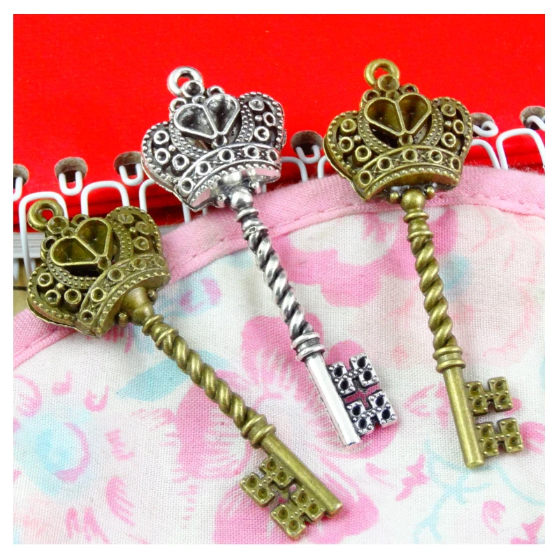15Pcs-20-61MM-Antique-Silver-Plated-Bronze-Color-Crown-Key-Pendants ...