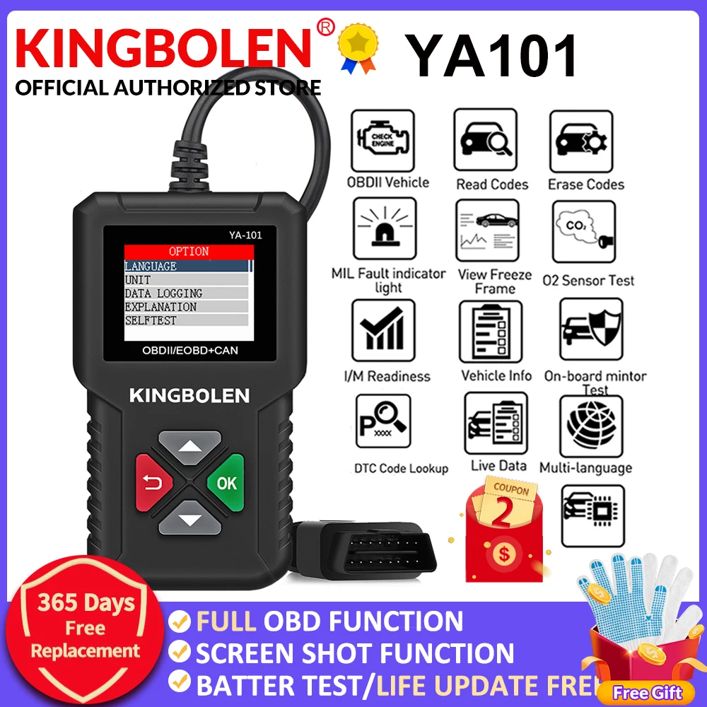 Kingbolen Ya101 Obd2 Scanner Automotive Battery Test Engine Check ...