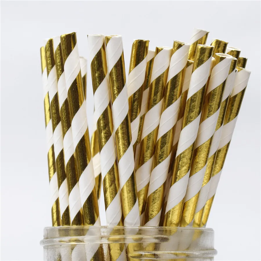 100pcs Pink golden paper straws Party straws Gold Silver paper straws ...