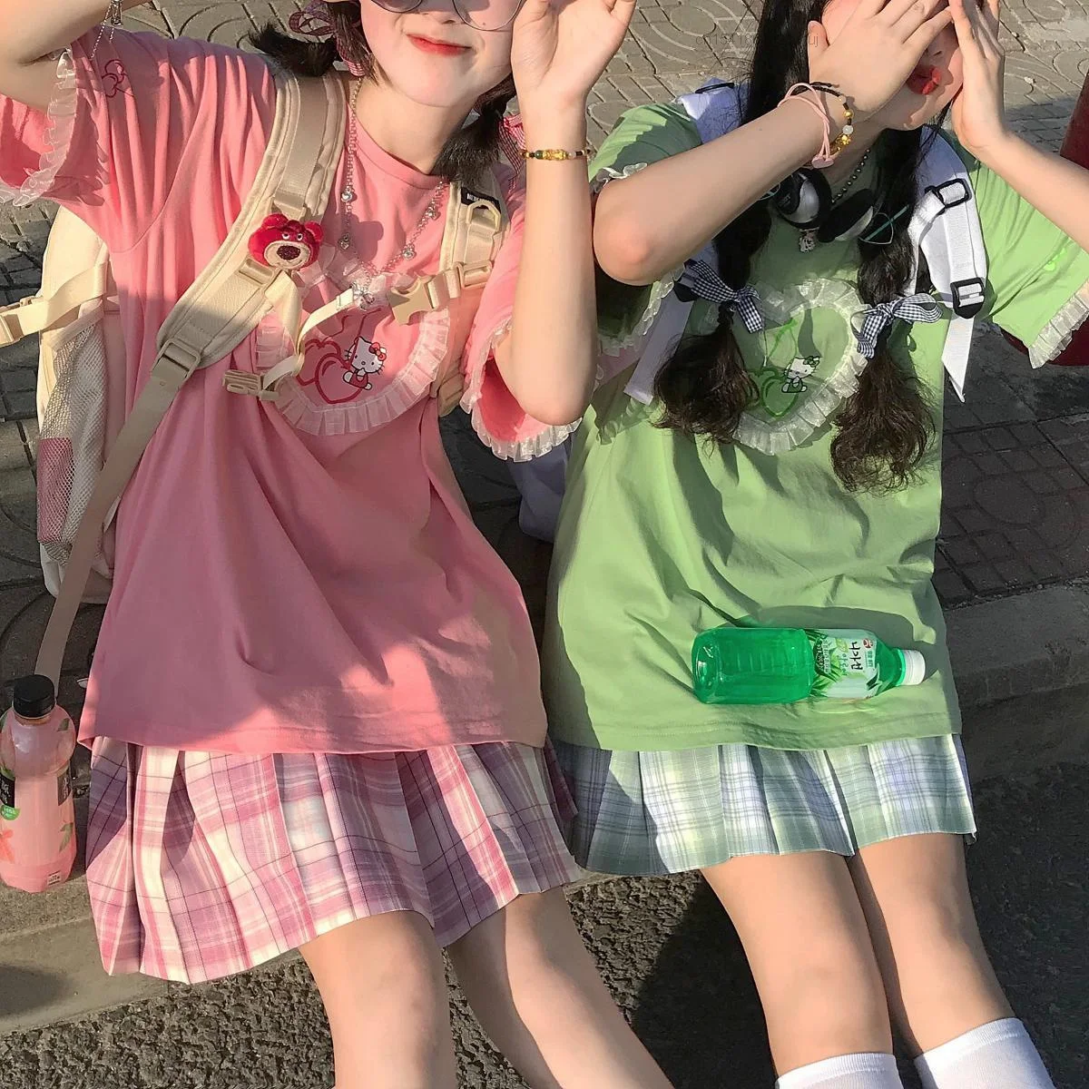 Sanrio Y2k Kawaii Clothes Hello Kitty Cherry Print Lace Up T Shirts Wo ...