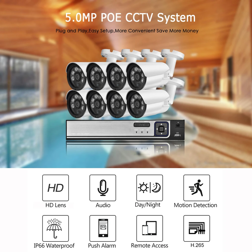 H.265 8CH 5MP POE NVR Kit SONY IMX335 Face Detect Audio 2.8mm IP AI ...