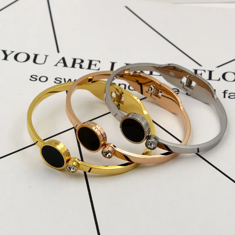Fashion Stainless Steel Crystal Cuff Better Round Black Spring Bangle ...