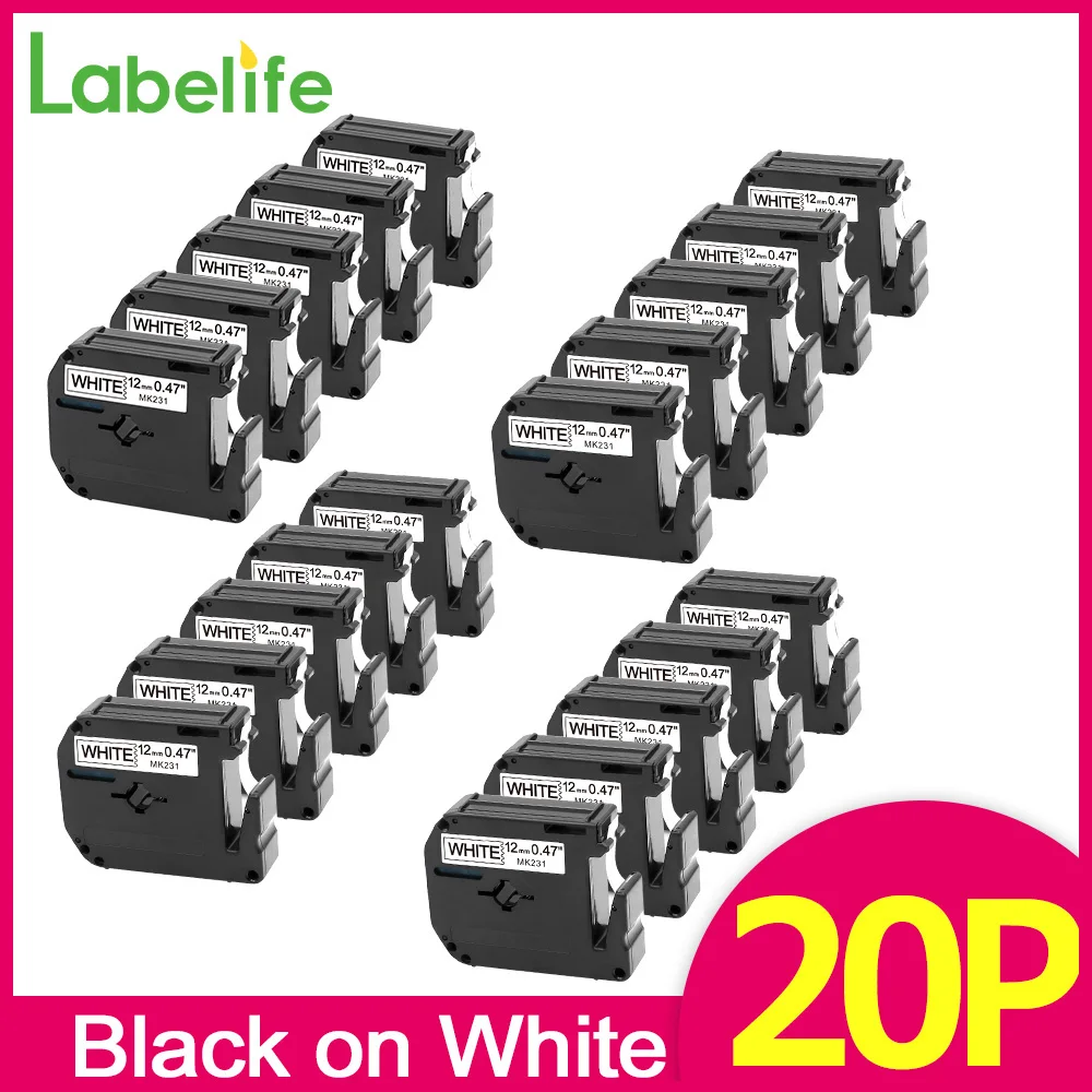 20Pack-MK-231-M-K231-MK231-Label-Tape-12mm-Black-on-White-Compatible ...