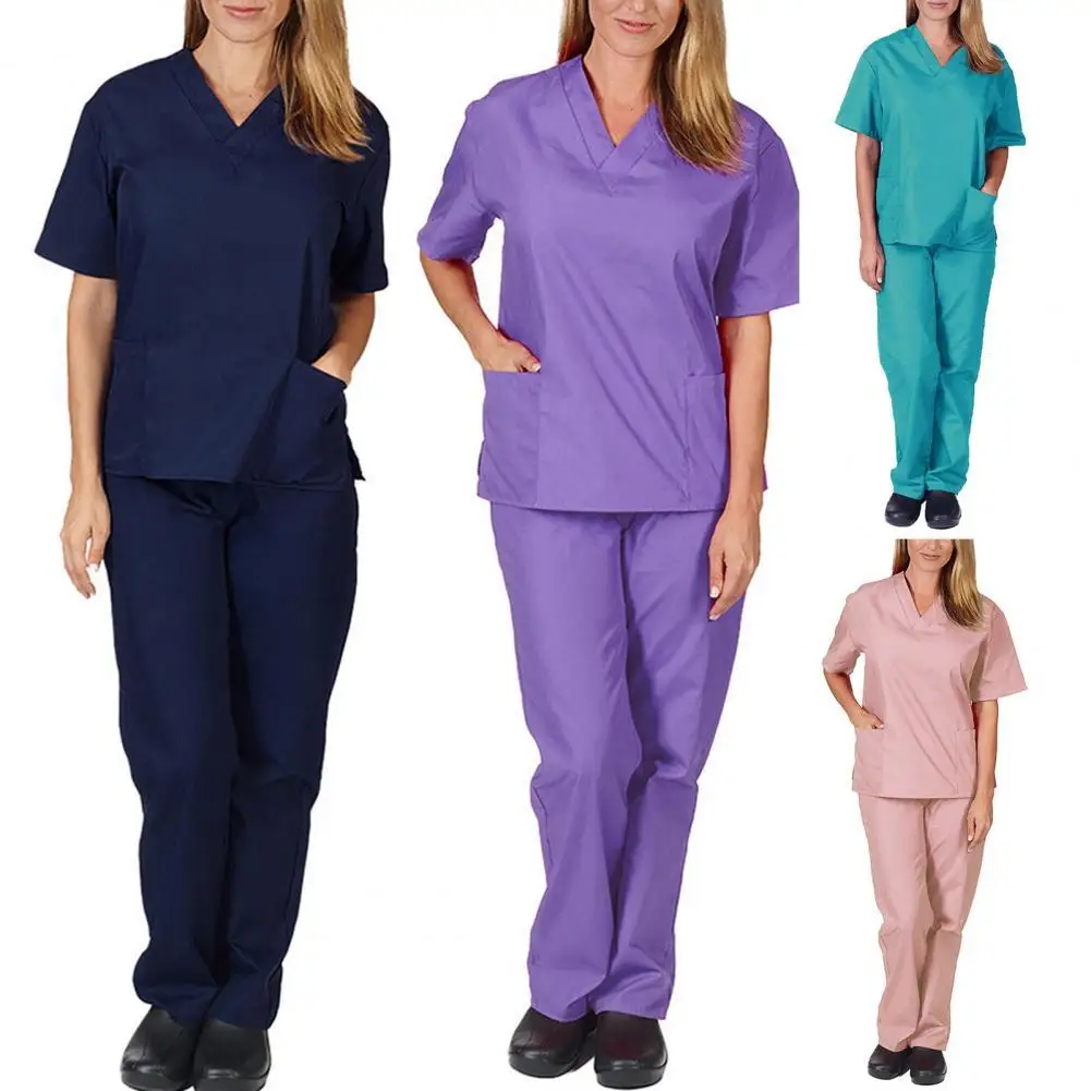 2pcs/Set Solid Color Nurse Uniform Women Men Short Sleeve V Neck Top ...