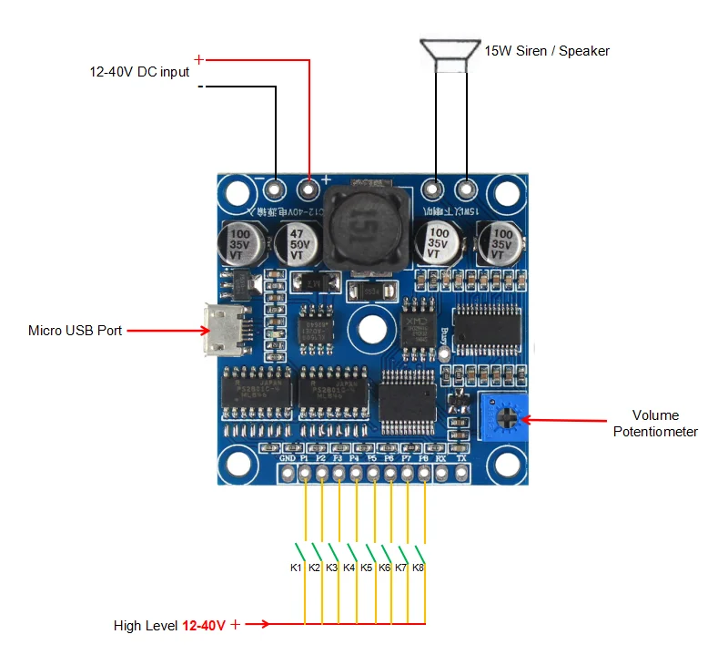 Industrial Grade 8 Trigger MP3 Module with 15W Amplifier 12 40V MP3 ...