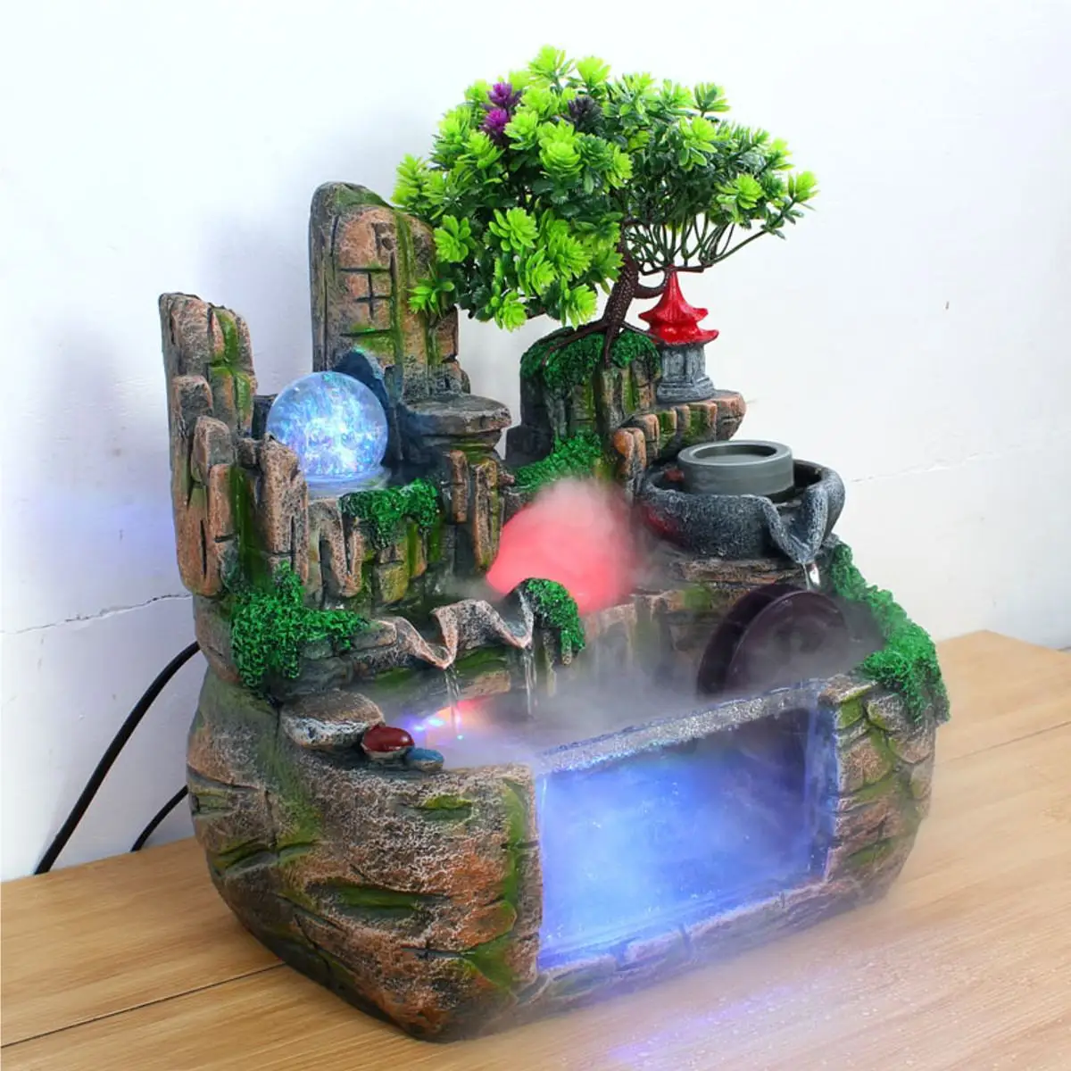 LED Indoor Simulation Resin Rockery Waterfall Statue Desktop Fountain ...