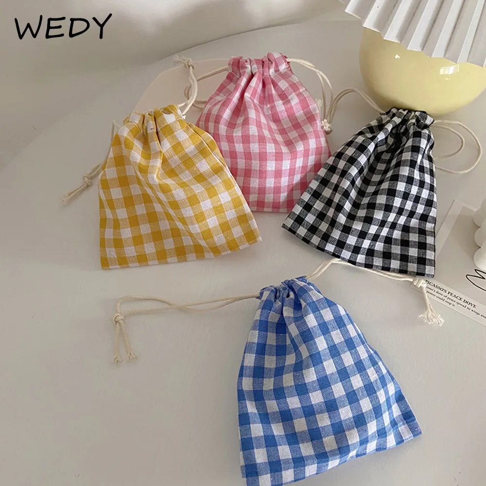 Simple-Plaid-Drawstring-Bag-Mini-Storage-Pouch-Cotton-Fabric-Drawstring ...
