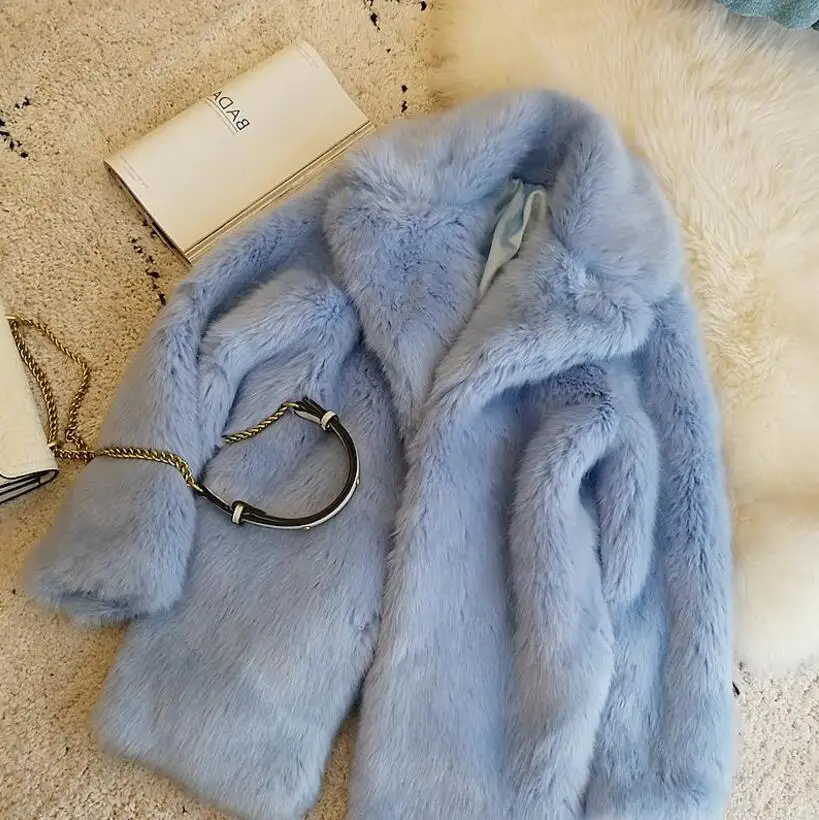 Sun-imperial - light blue shaggy women faux fur jacket mid length coat ...