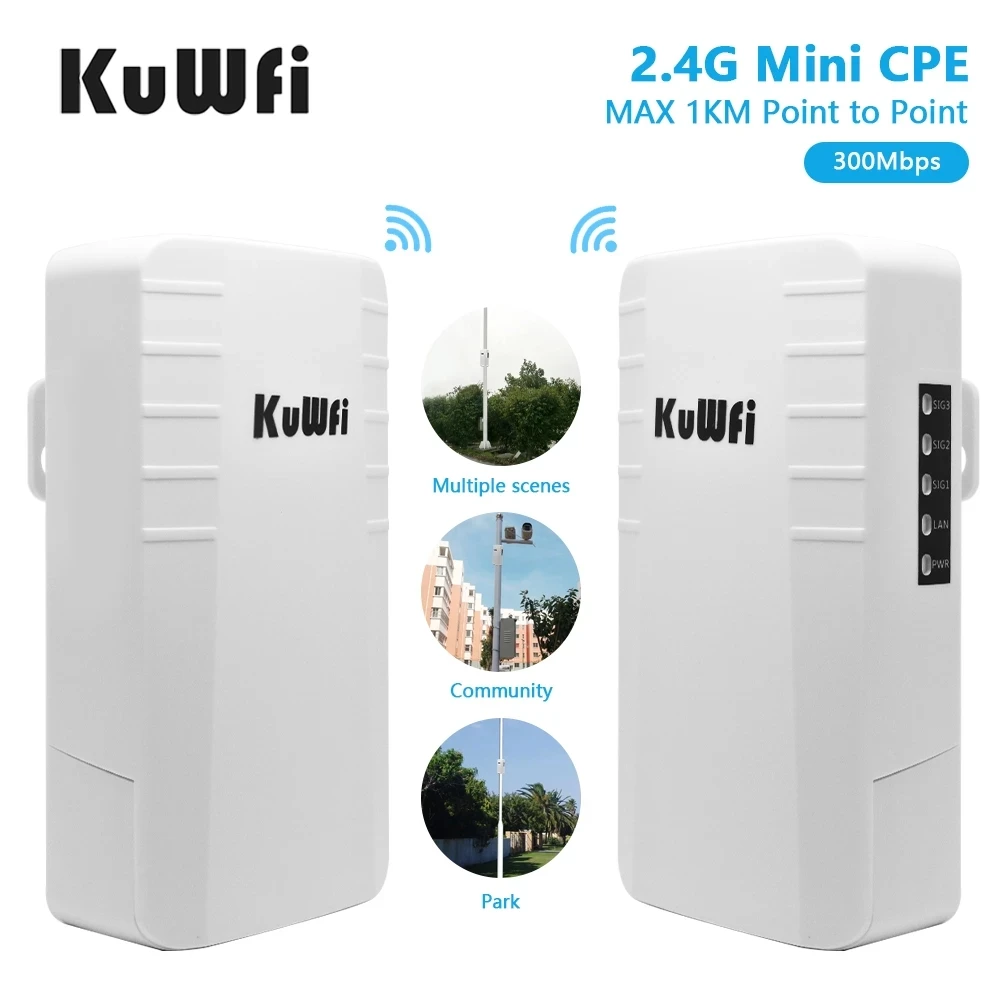 KuWFi 옥외 Wifi 반복기 또는 교량 300Mbps 2.4G 무선 AP 대패 P2P 24V poe를 가진 IP 사진기를위한 ...